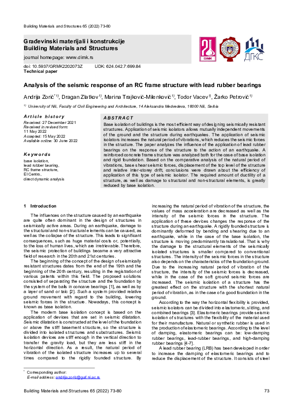 (PDF) Analysis of the seismic response of an RC frame structure with lead rubber bearings