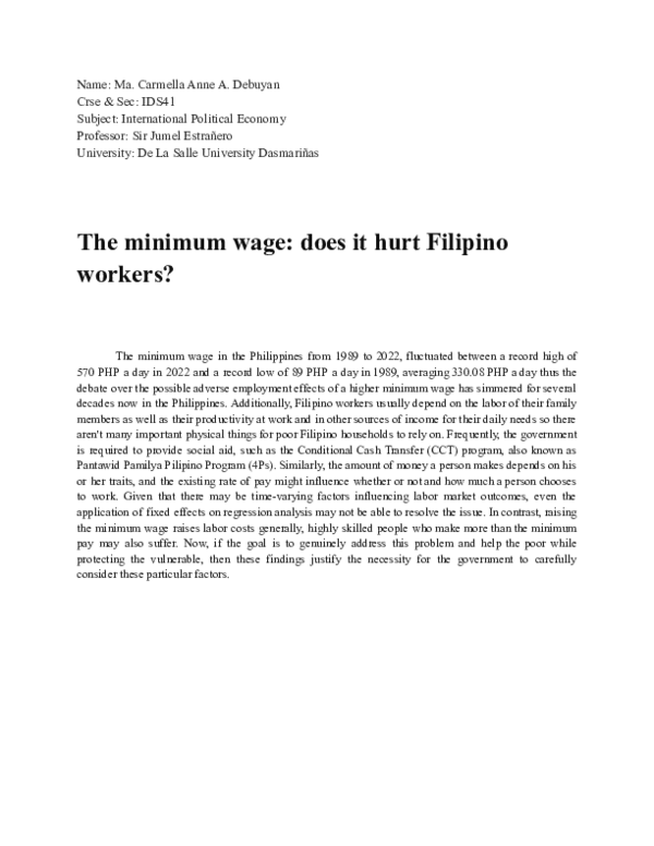 (PDF) The minimum wage: does it hurt Filipino workers?