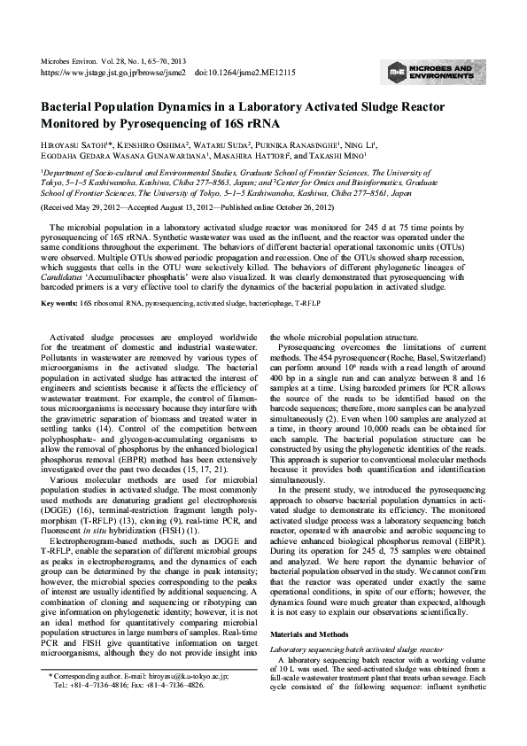 (PDF) Bacterial Population Dynamics in a Laboratory Activated Sludge Reactor Monitored by ...