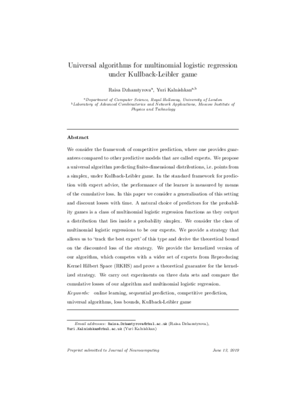(PDF) Universal algorithms for multinomial logistic regression under Kullback–Leibler game