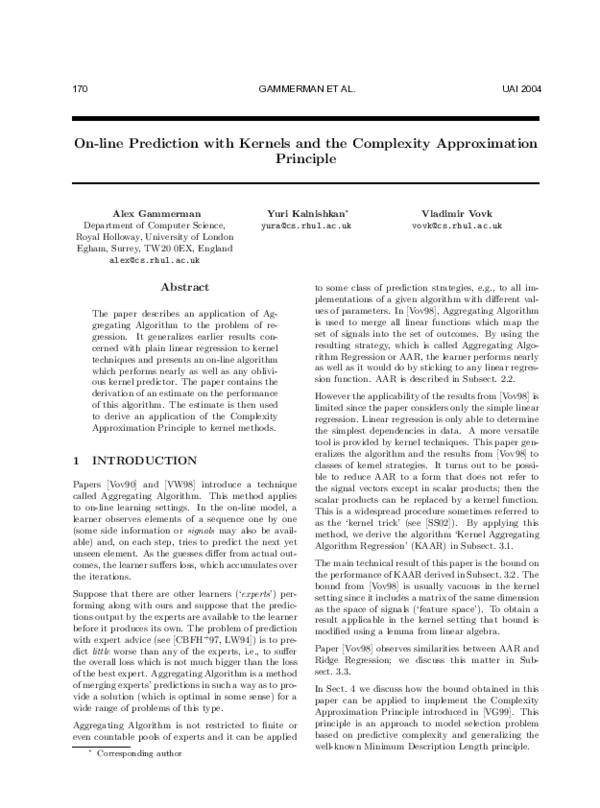 (PDF) On-line prediction with kernels and the complexity approximation principle
