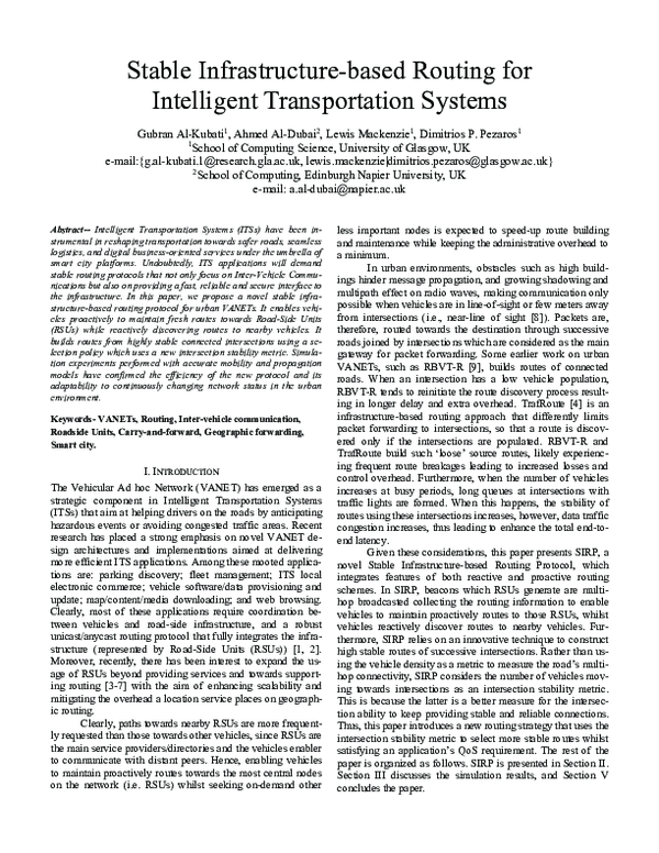 (PDF) Stable infrastructure-based routing for Intelligent ...