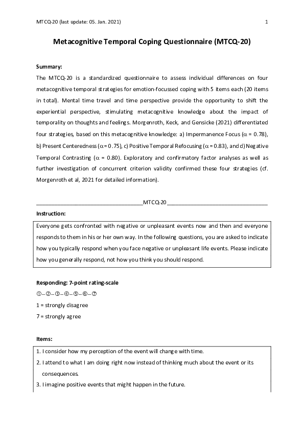 (PDF) Metacognitive Temporal Coping Questionnaire (MTCQ-20 English Version)