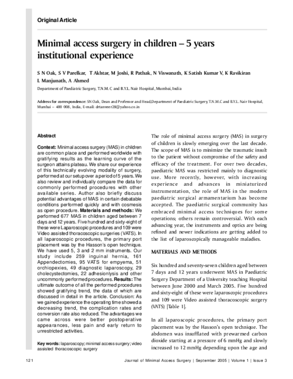 (PDF) Minimal access surgery in children - 5 years institutional experience