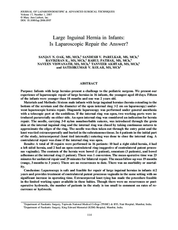 (PDF) Large Inguinal Hernia in Infants: Is Laparoscopic Repair The Answer?