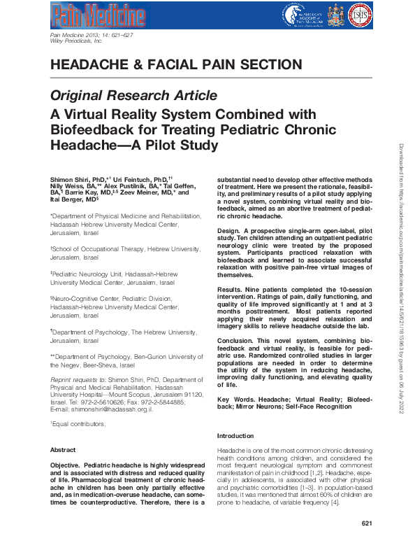 (PDF) A Virtual Reality System Combined with Biofeedback for Treating Pediatric Chronic Headache ...