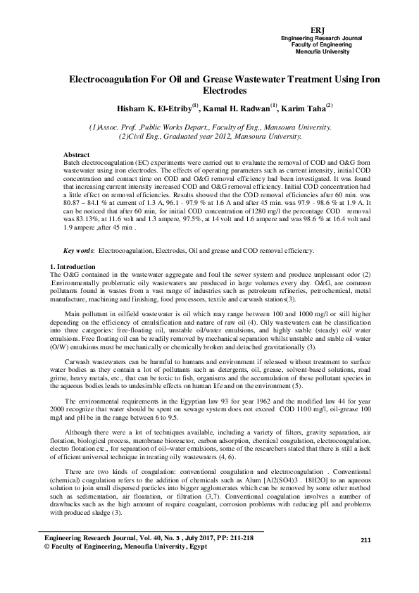 (PDF) Electrocoagulation For Oil and Grease Wastewater Treatment Using ...