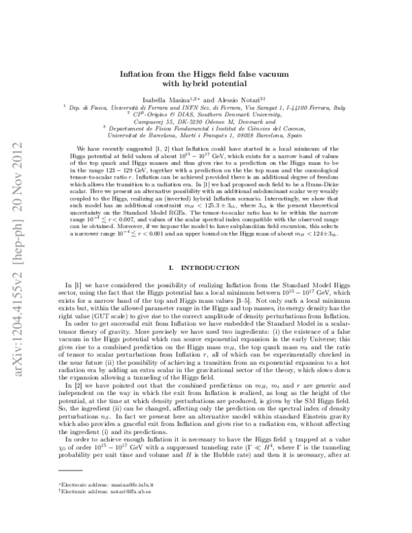 (PDF) Inflation from the Higgs field false vacuum with hybrid potential