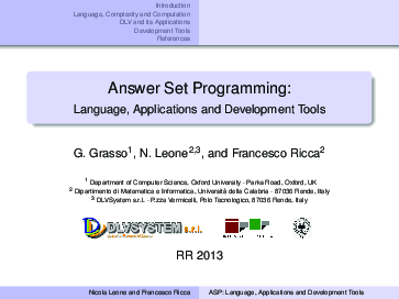 (PDF) Answer Set Programming: Language, Applications and Development Tools