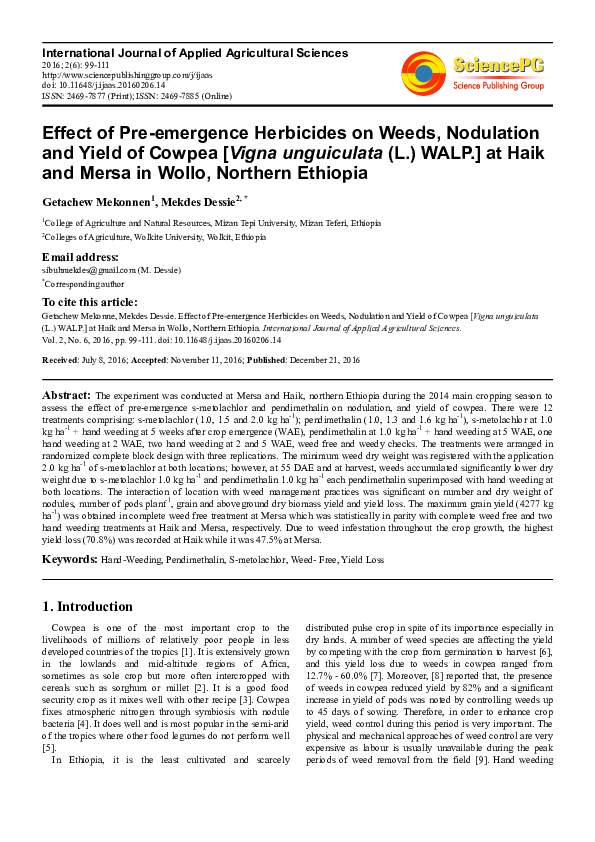 (PDF) Effect of Pre-emergence Herbicides on Weeds, Nodulation and Yield ...