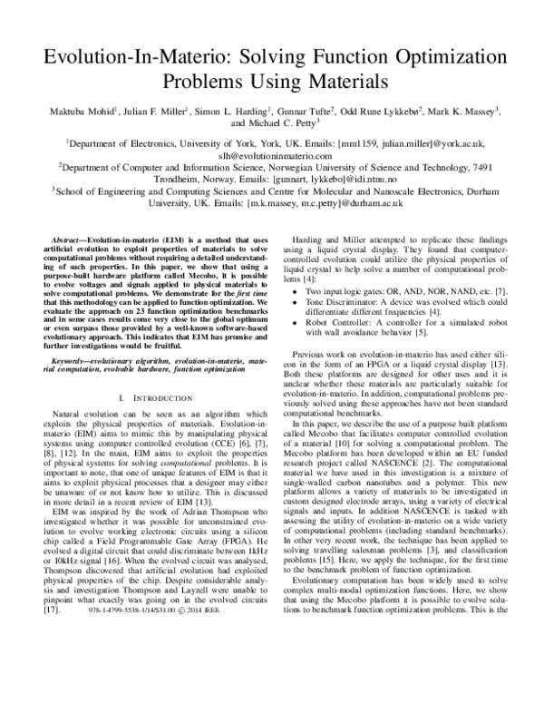 (PDF) Evolution-in-materio: Solving function optimization problems using materials