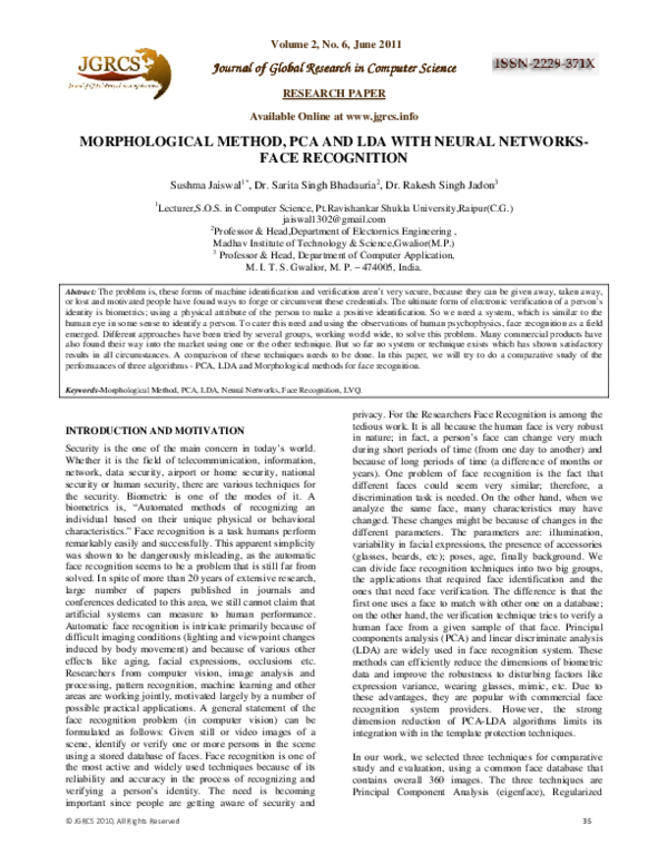 (PDF) Morphological Method, Pca and Lda with Neural Networks-Face Recognition | S Jaiswal ...