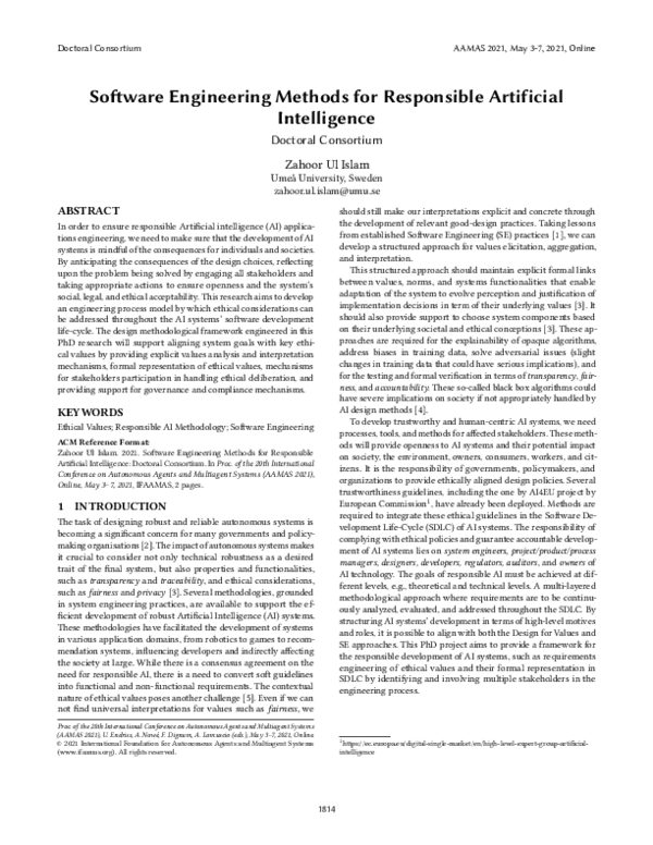 (PDF) Software Engineering Methods for Responsible Artificial Intelligence | Zahoor Islam ...
