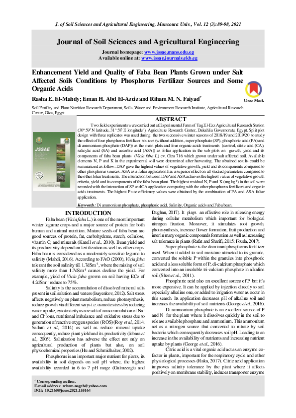 (PDF) Enhancement Yield and Quality of Faba Bean Plants Grown under Salt Affected Soils ...