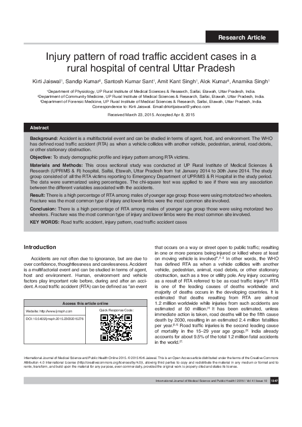 (PDF) Injury pattern of road traffic accident cases in a rural hospital ...