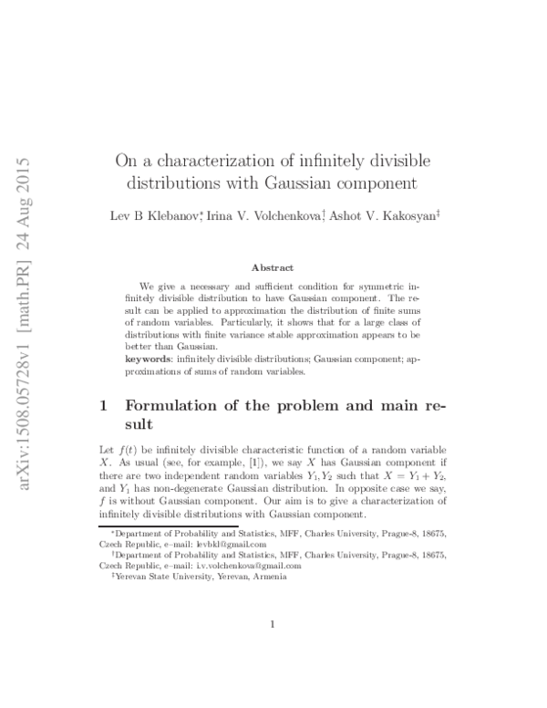 Pdf On A Characterization Of Infinitely Divisible Distributions With Gaussian Component