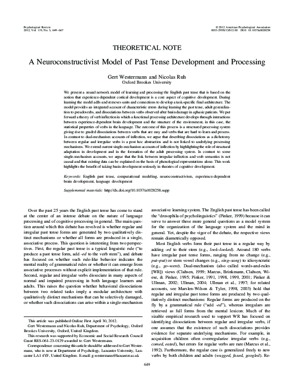 (PDF) A neuroconstructivist model of past tense development and processing