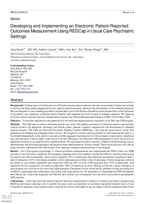 (PDF) Developing and Implementing an Electronic Patient-Reported Outcomes Measurement Using ...