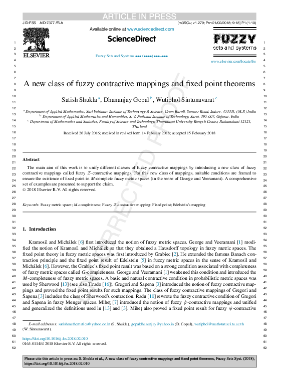 Pdf A New Class Of Fuzzy Contractive Mappings And Fixed Point