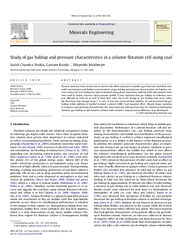 (PDF) Study of gas holdup and pressure characteristics in a column flotation cell using coal ...