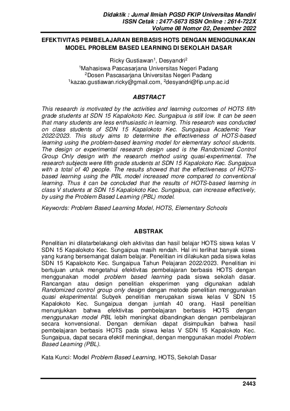 (PDF) Efektivitas Pembelajaran Berbasis Hots Dengan Menggunakan Model Problem Based Learning DI ...
