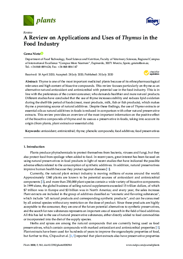 (PDF) A Review on Applications and Uses of Thymus in the Food Industry
