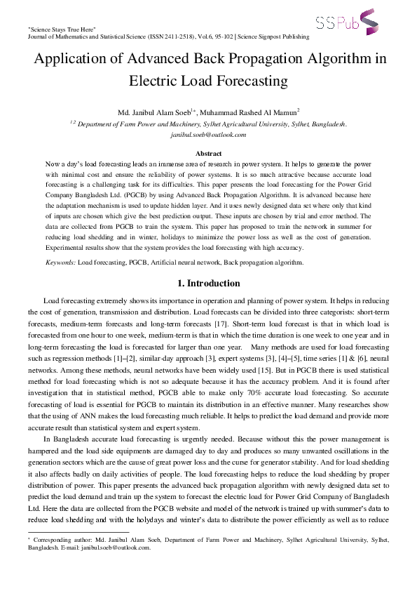 (PDF) Application of Advanced Back Propagation Algorithm in Electric Load Forecasting