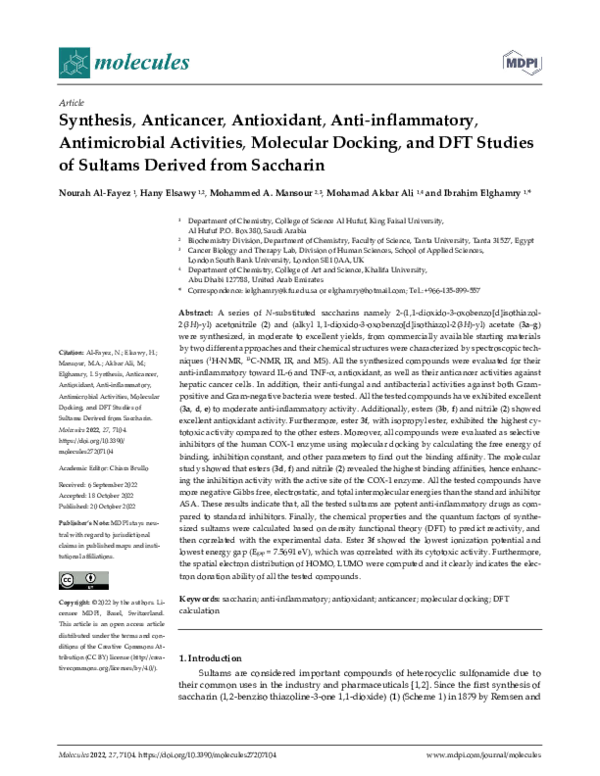 (PDF) Synthesis, Anticancer, Antioxidant, Anti-Inflammatory, Antimicrobial Activities, Molecular ...