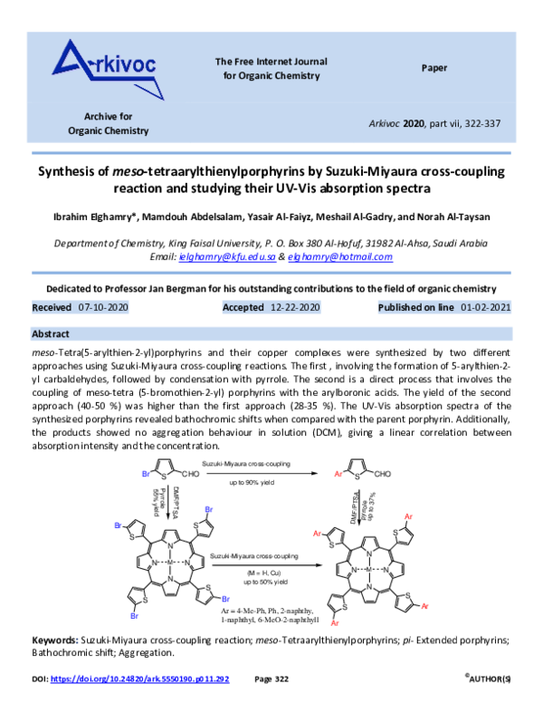 (PDF) Synthesis of meso-tetraarylthienylporphyrins by Suzuki-Miyaura cross-coupling reaction and ...