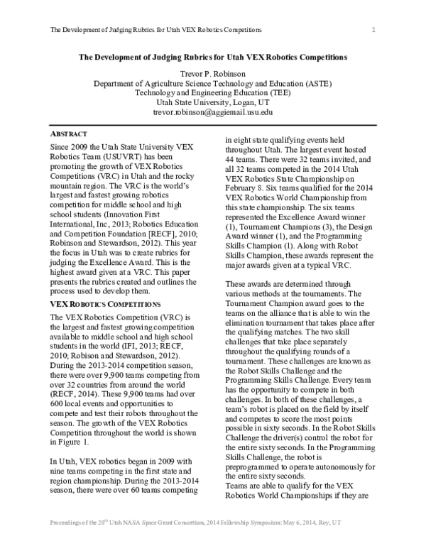 (PDF) The Development of Judging Rubrics for Utah VEX Robotics Competitions
