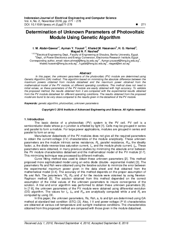 Pdf Determination Of Unknown Parameters Of Photovoltaic Module Using Genetic Algorithm 