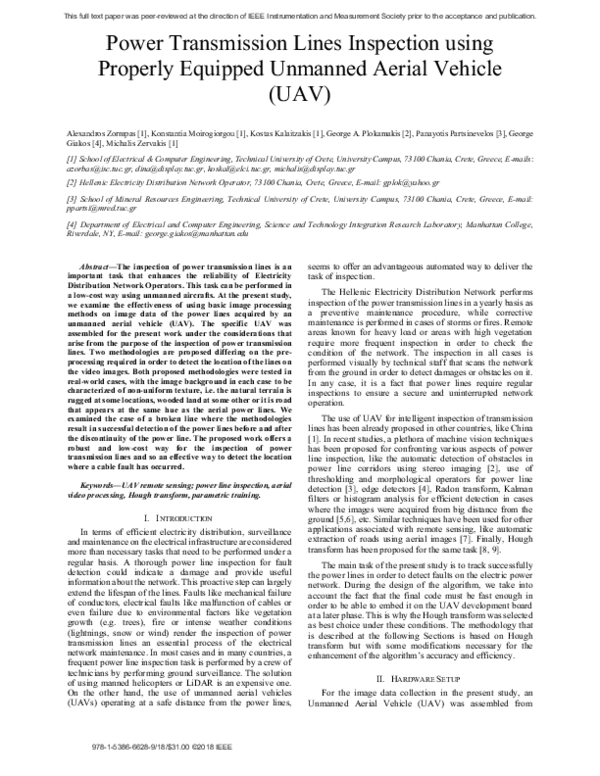 Pdf Power Transmission Lines Inspection Using Properly Equipped Unmanned Aerial Vehicle Uav