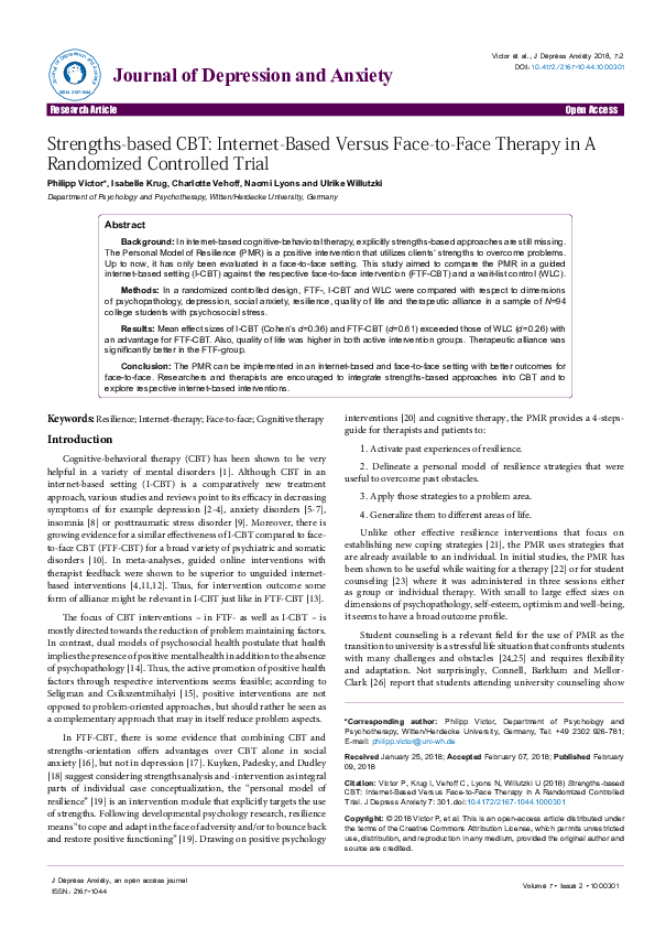 (PDF) Strengths-based CBT: Internet-Based Versus Face-to-Face Therapy in A Randomized Controlled ...