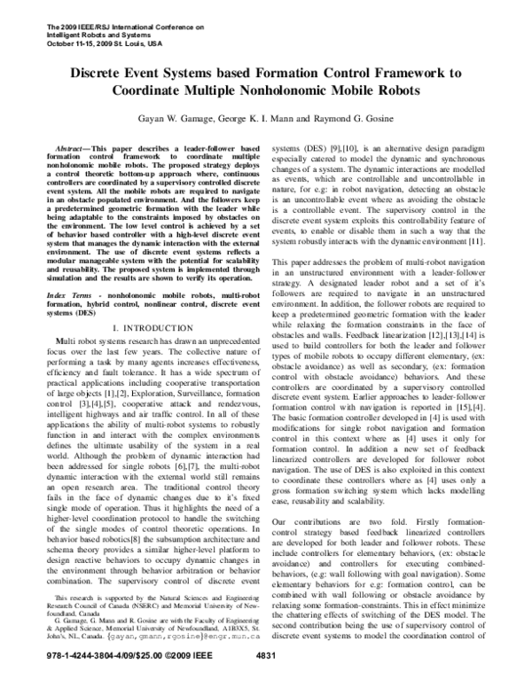 Pdf Discrete Event Systems Based Formation Control Framework To