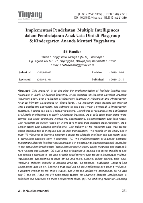 (PDF) Implementasi Pendekatan Multiple Intelligence dalam Pembelajaran Anak Usia Dini di ...