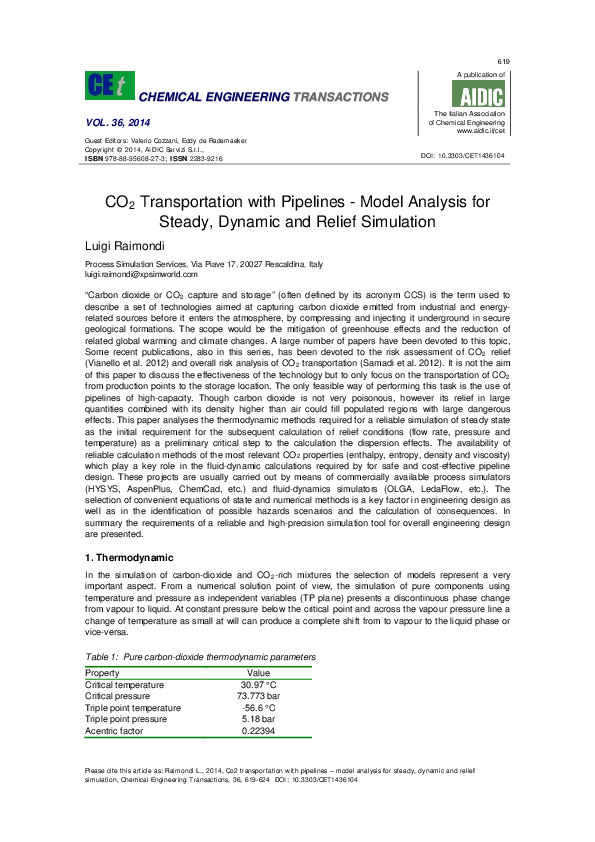 (PDF) CO 2 Transportation with Pipelines - Model Analysis for Steady, Dynamic and Relief Simulation