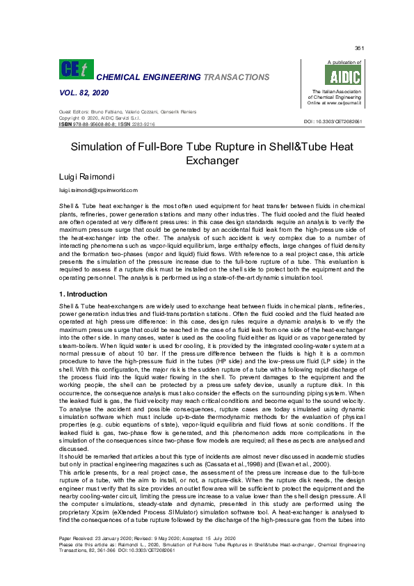 (PDF) Simulation of Full-bore Tube Ruptures in Shell&tube Heat-exchanger