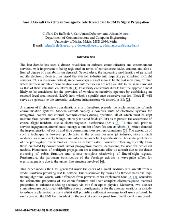 (PDF) Small aircraft cockpit electromagnetic interference due to UMTS ...