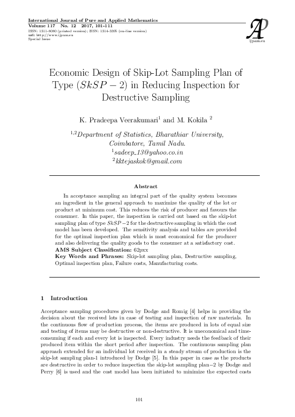 (PDF) Economic Design of Skip-Lot Sampling Plan of Type ( SkSP − 2 ) in ...