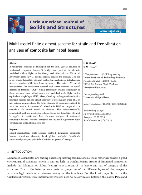 Pdf Multi Model Finite Element Scheme For Static And Free Vibration Analyses Of Composite