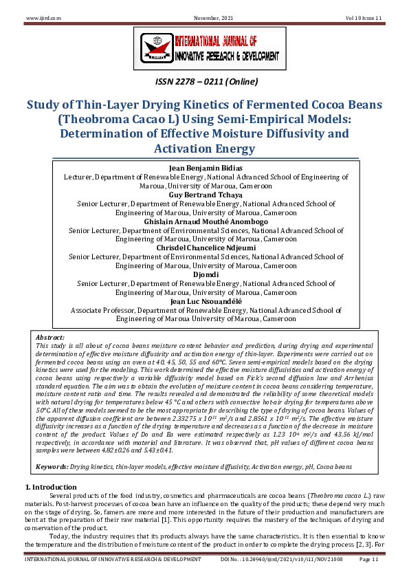(PDF) Study of Thin-Layer Drying Kinetics of Fermented Cocoa Beans (Theobroma Cacao L) Using ...