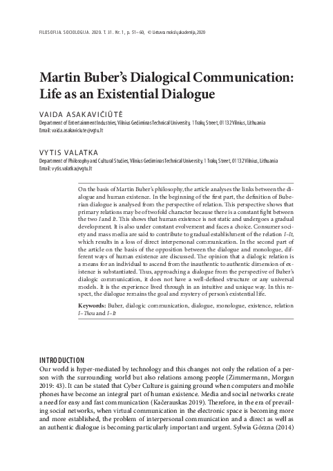 (PDF) Martin Buber’s Dialogical Communication: Life as an Existential ...