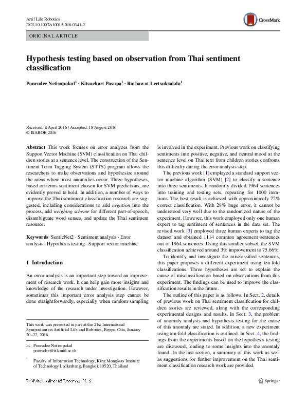 Pdf Hypothesis Testing Based On Observation From Thai Sentiment Classification
