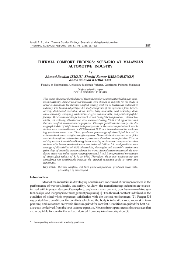 (PDF) Thermal comfort findings: Scenario at Malaysian automotive industry