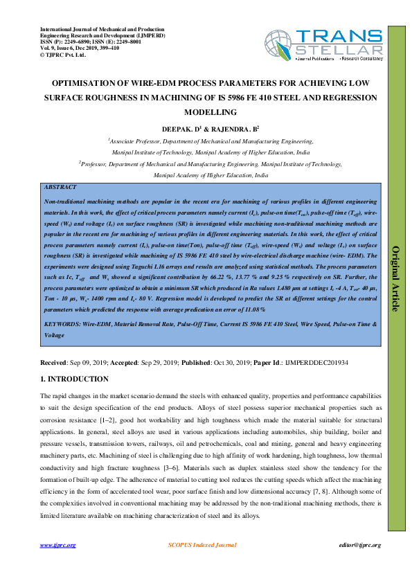 Pdf Optimisation Of Wire Edm Process Parameters For Achieving Low Surface Roughness In
