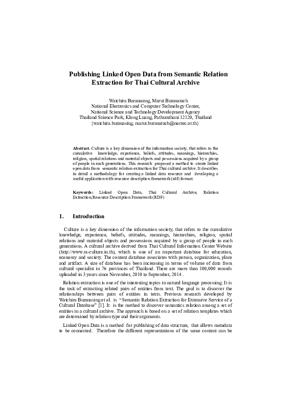 (PDF) Publishing Linked Open Data from Semantic Relation Extraction for Thai Cultural Archive
