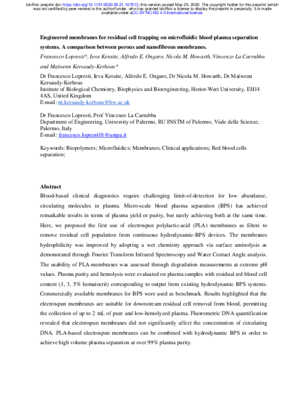 (PDF) Engineered membranes for residual cell trapping on microfluidic ...
