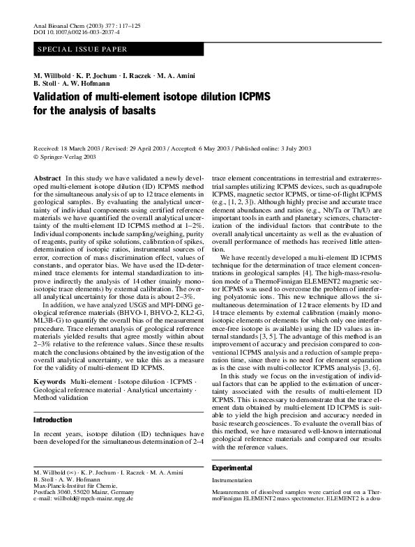 Pdf Validation Of Multi Element Isotope Dilution Icpms For The Analysis Of Basalts