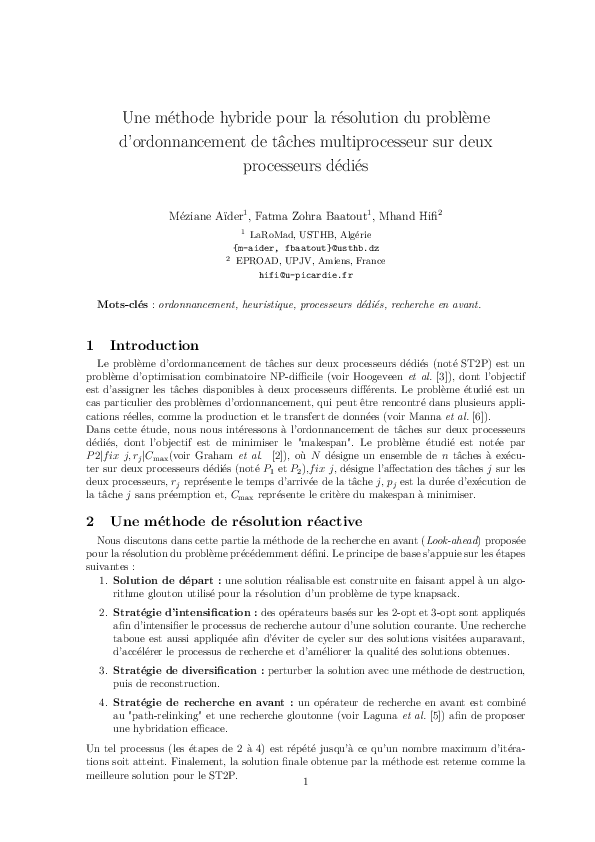 (PDF) Une méthode hybride pour la résolution du problème d'ordonnancement de tâches ...