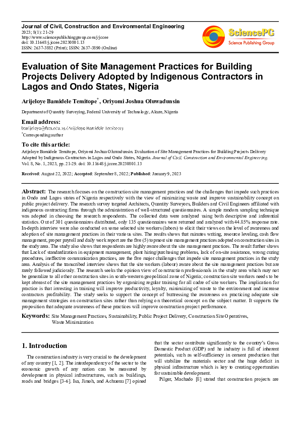 (PDF) Evaluation of Site Management Practices for Building Projects Delivery Adopted by ...